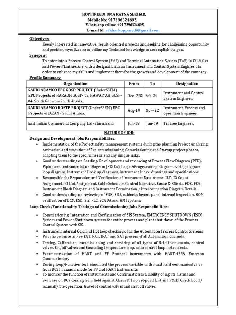 Engr - Sekhar CV | PDF | Instrumentation | Programmable Logic Controller