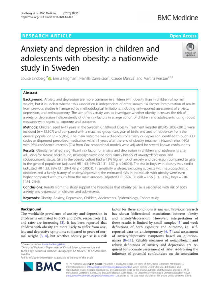 Anxiety and Depression in Children and Adolescents With Obesity: A Nationwide Study in Sweden ...