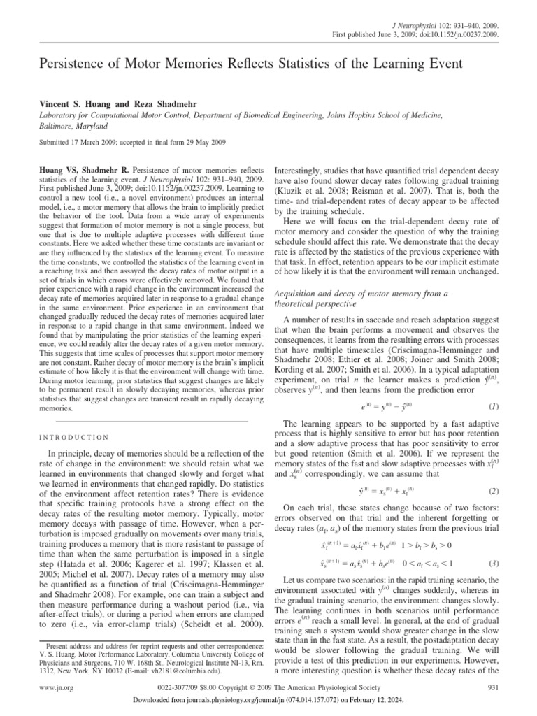 Persistence of Motor Memories Reflects Statistics of The Learning Event ...