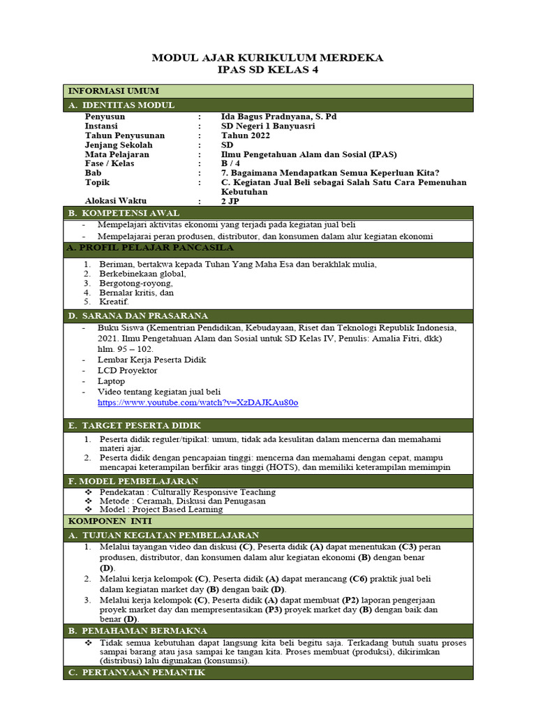 Modul Ajar Kurikulum Merdeka Ipas SD Kelas 4 | PDF