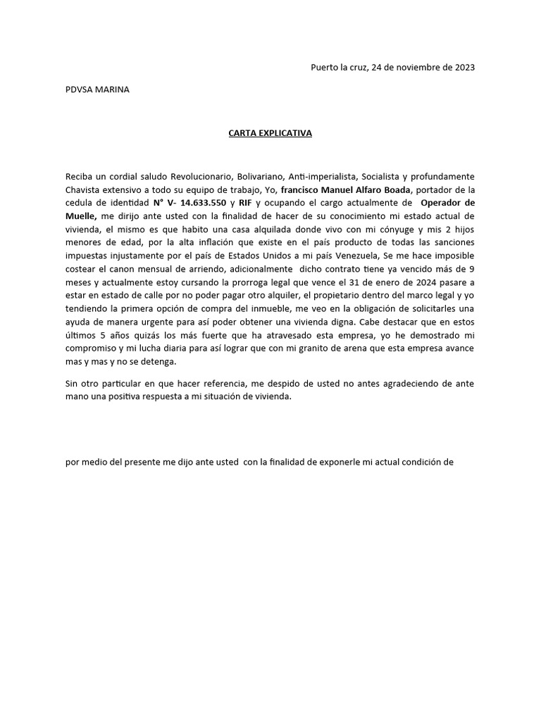 Carta Manuel Solicitud de Casa | PDF