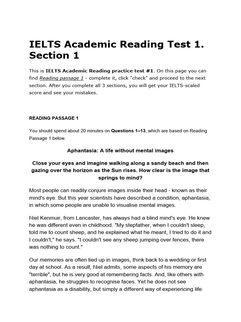 Ielts Academic Reading Test 3 Pdf Mental Image Cognitive Science