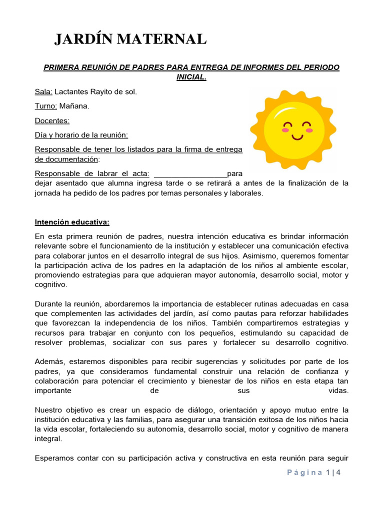 Planificación 1ra Reunión de Padres, JARDIN MATERNAL SALA:Lactantes ...
