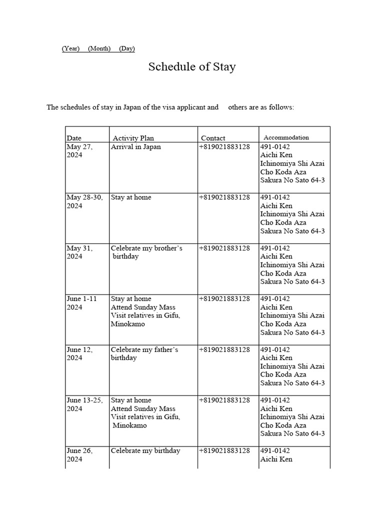 Schedule of Stay: (Year) (Month) (Day) | PDF