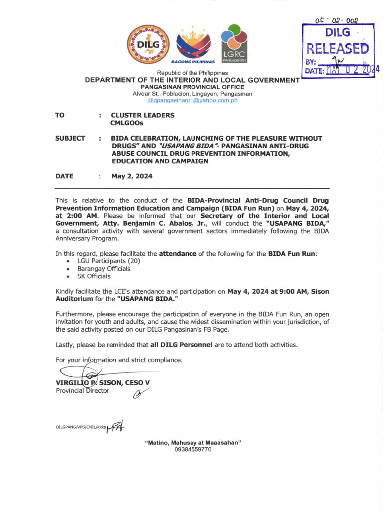 BIDA CELEBRATION, LAUNCHING OF THE PLEASURE WITHOUT DRUGS AND USAPANG ...