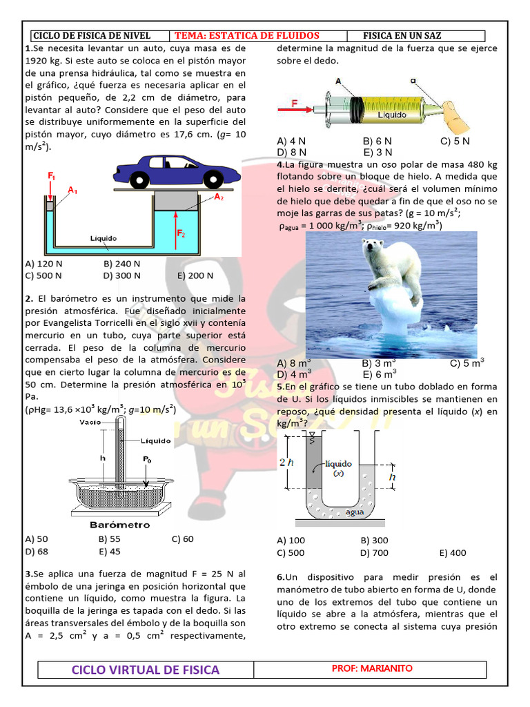 Estatica de Fluidos | Descargar gratis PDF | Presión | Densidad