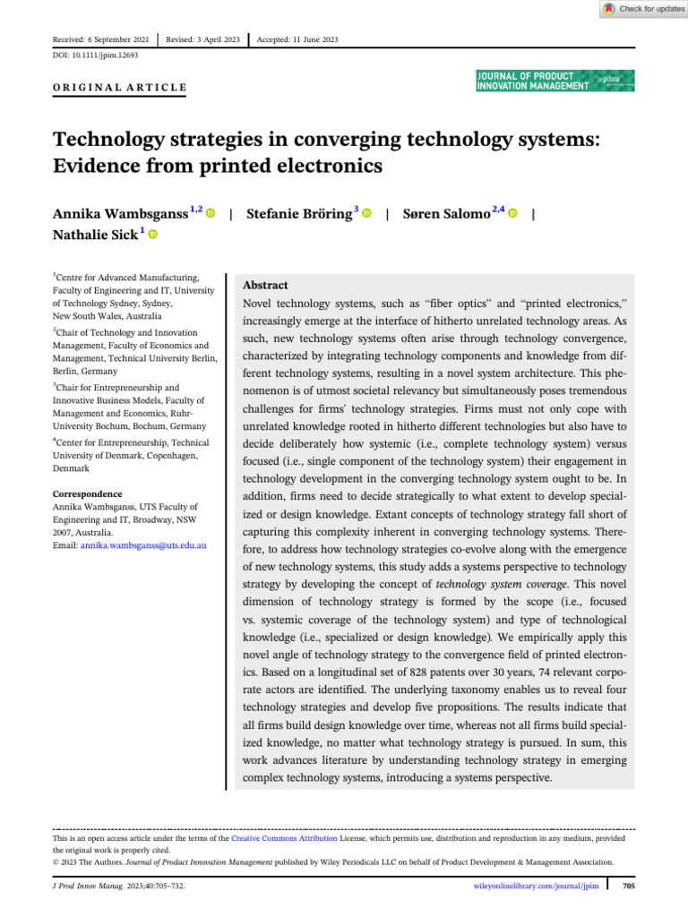 J of Product Innov Manag - 2023 - Wambsganss - Technology Strategies in Converging Technology ...