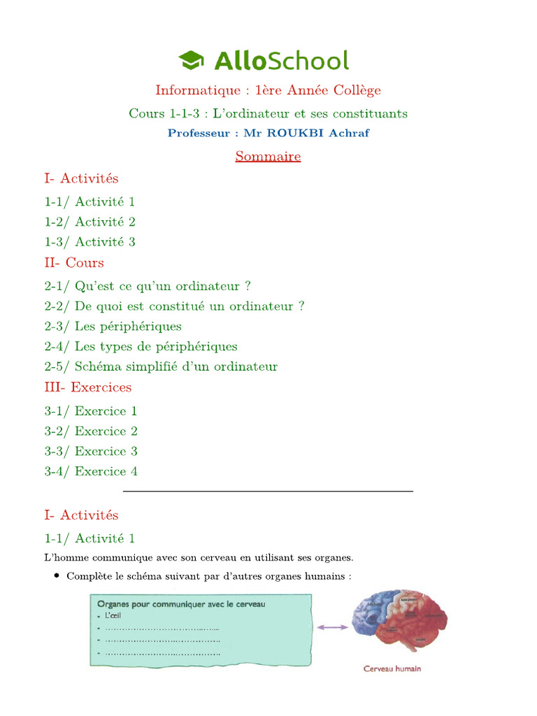 Cours 1 1 3 l Ordinateur Et Ses Constituants | PDF