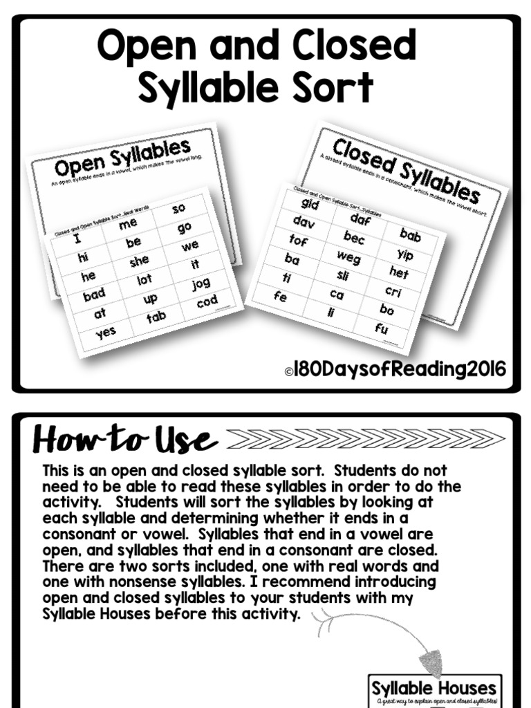 Open and Closed Syllable Sort: ©180daysofreading2016 | PDF | Syllable ...