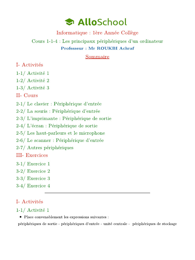 Cours 1 1 4 Les Principaux Peripheriques D Un Ordinateur | PDF