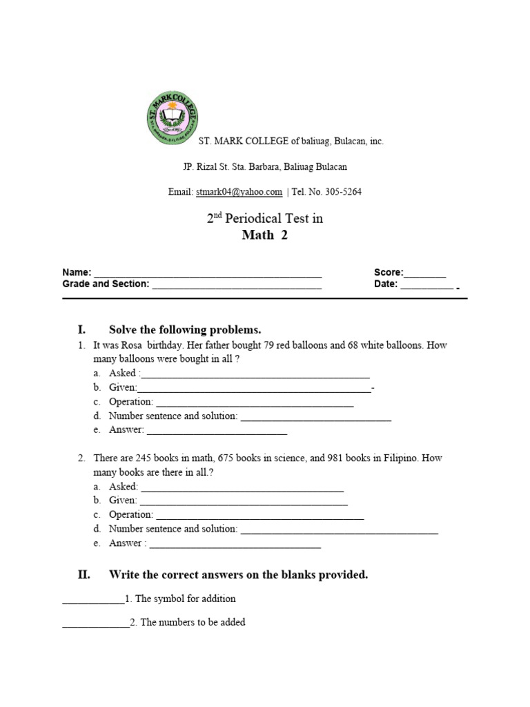 2ND Periodical Test G2-MATH | PDF | Subtraction | Mathematics