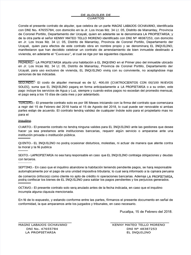 pdf-contrato-de-alquiler-de-cuartos | PDF | Bancos | Perú