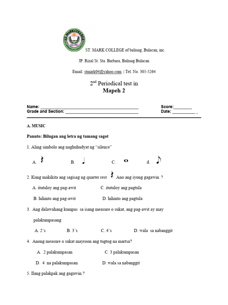 2nd-Periodical test G2-MAPEH | PDF