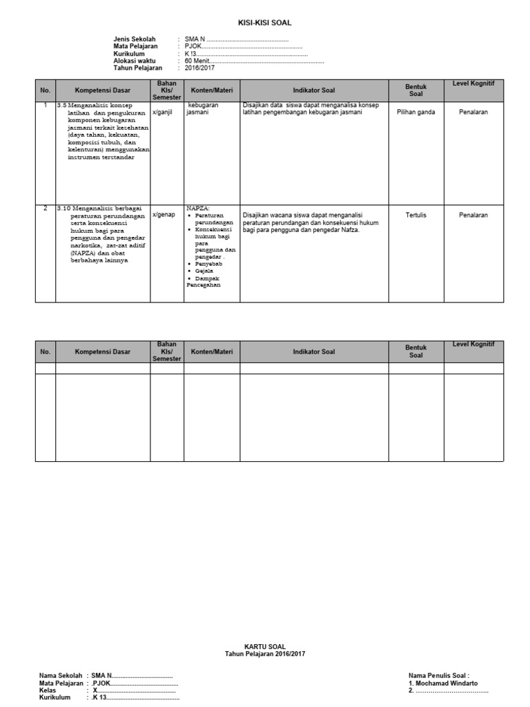 Kisi Kisi Dan Kartu Soal HOTS PJOK | PDF