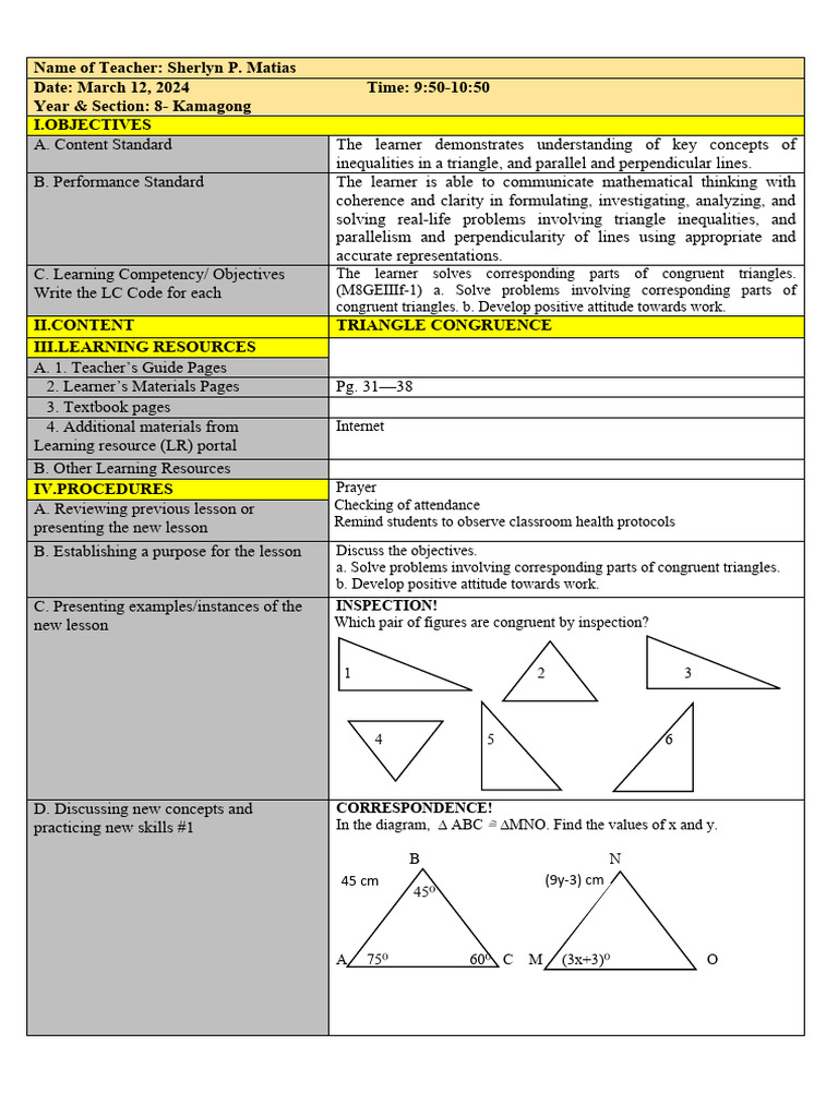 Triangle Congruence Lesson Plan | PDF | Learning | Cognition