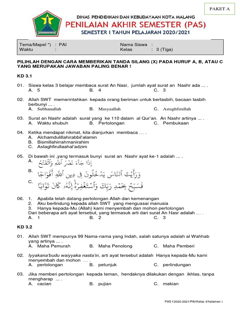 Soal Pai Kelas 3 | PDF | Agama & Spiritualitas
