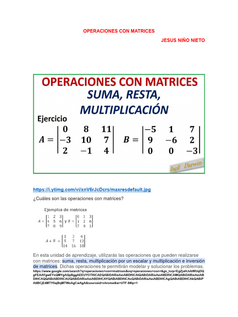 Operaciones Con Matrices | PDF | Matriz (Matemáticas) | Sustracción