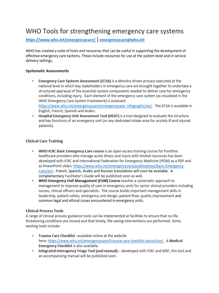 WHO Emergency Care Systems Framework | PDF | World Health Organization ...
