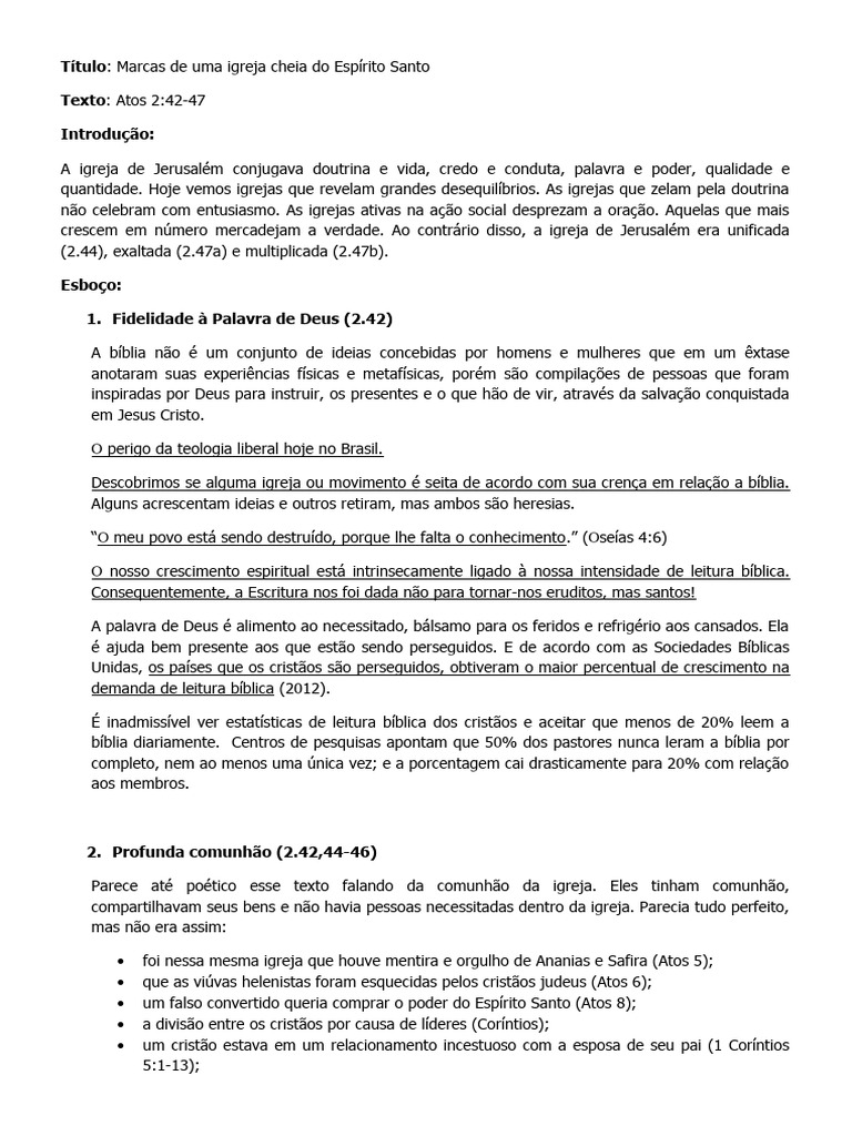 Atos 2.42-47 - Marcas de Uma Igreja Cheia Do Espírito Santo | PDF ...