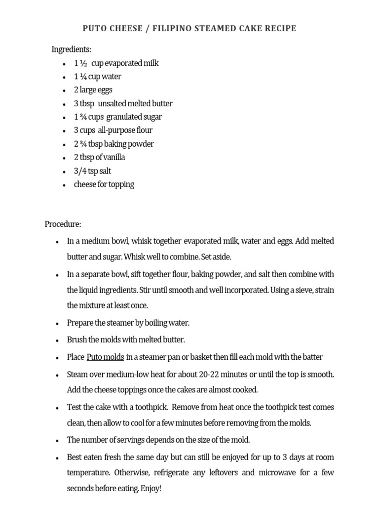 Puto Cheese: Filipino Steamed Cake Recipe | PDF