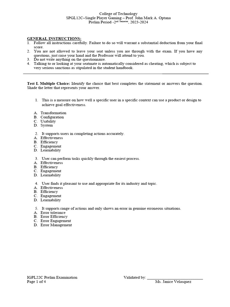 SPGL12C Prelim Examination (Optana) 2NDSem2023-2024 | PDF | Usability ...