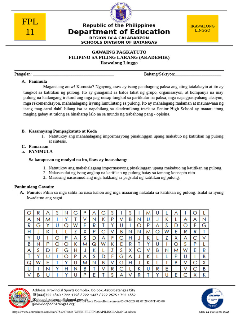 8th WEEK. FILIPINOSAPILINGLARANG11 | PDF