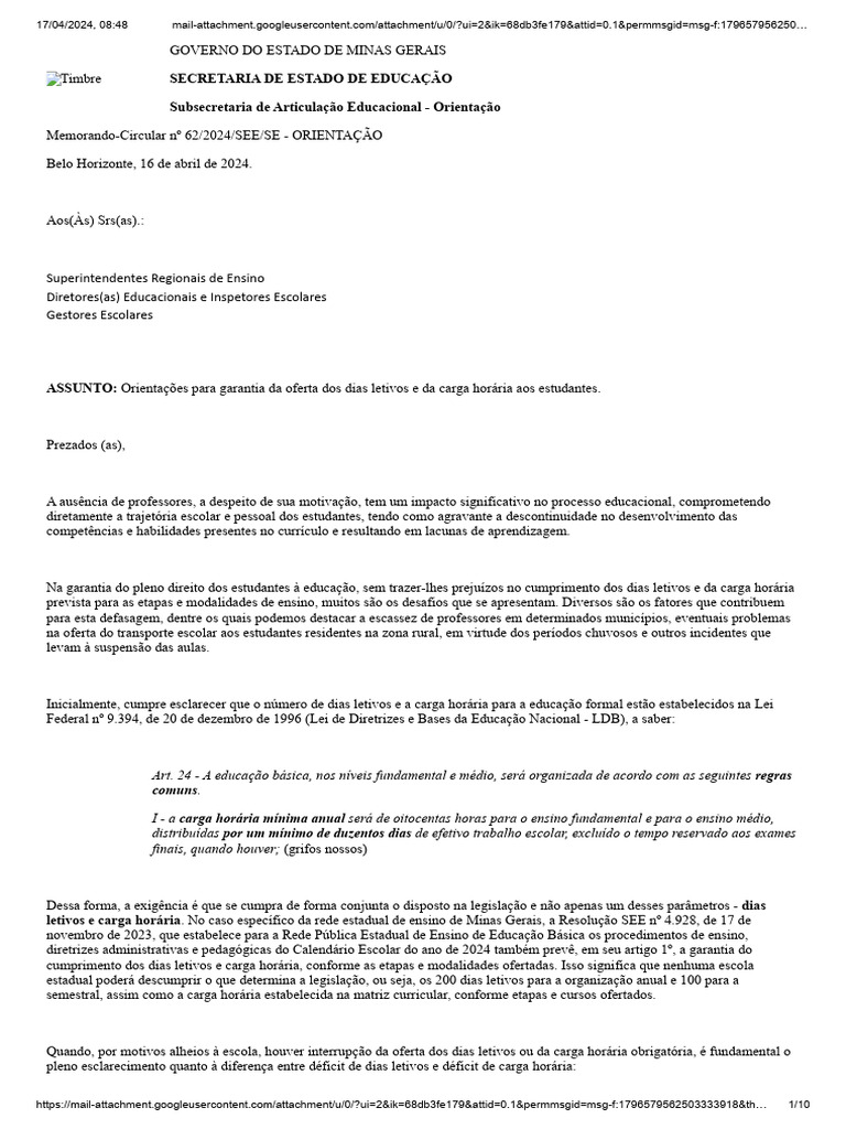 Memorando Nº 62-2024 SEE-SE Orientações para Garantia Da Oferta Dos ...