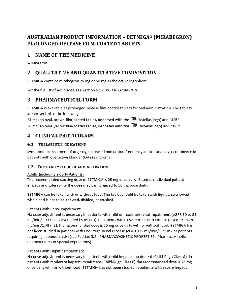 Betmiga (Mirabegron) - Pi | PDF | Urination | Acetylcholine