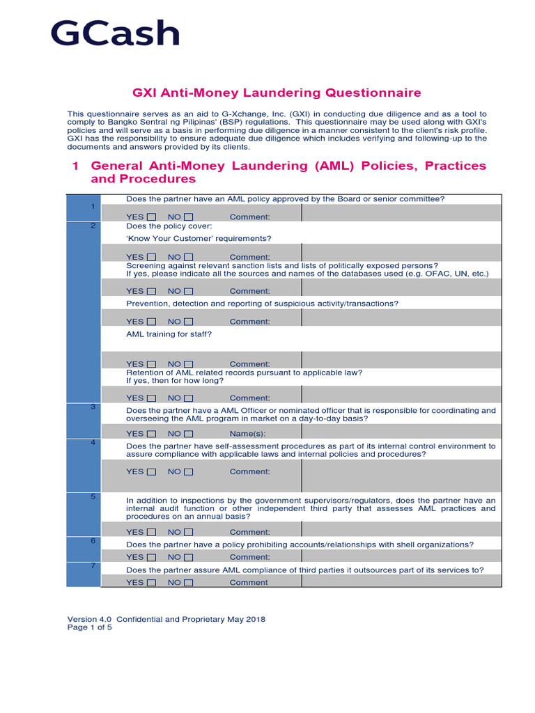 GXI Partner AML Questionnaire | PDF | Money Laundering | Regulatory ...