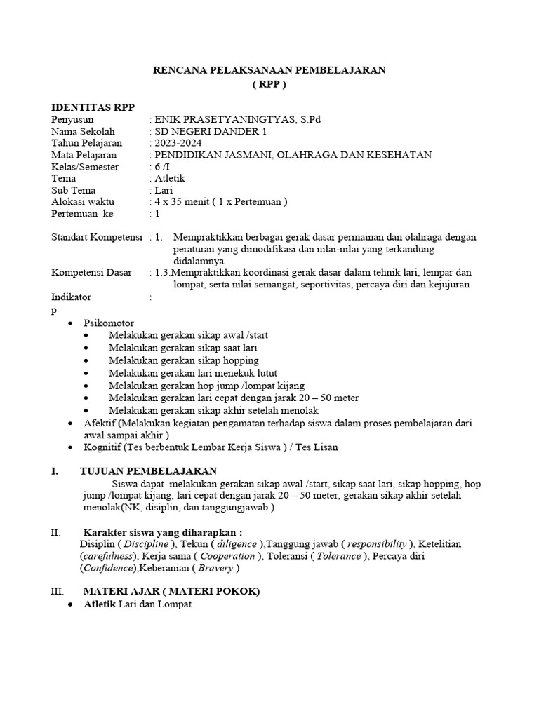 Rencana Pelaksanaan Pembelajaran Pjok 2023 | PDF