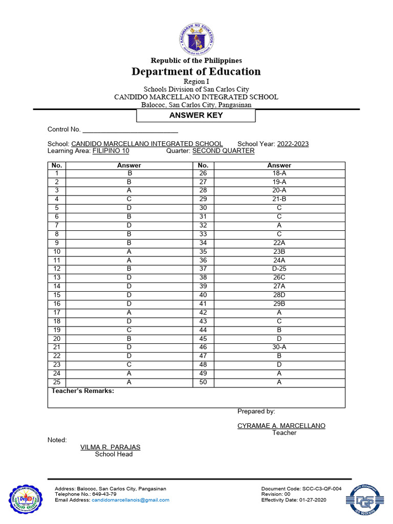 Filipino 10 Second Quarter Answer Key | PDF | Philippines