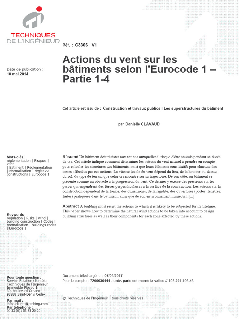 Actions Du Vent Sur Les Bâtiments Selon LEurocode 1 - Partie 1-4 | PDF | Plaie | Matière molle