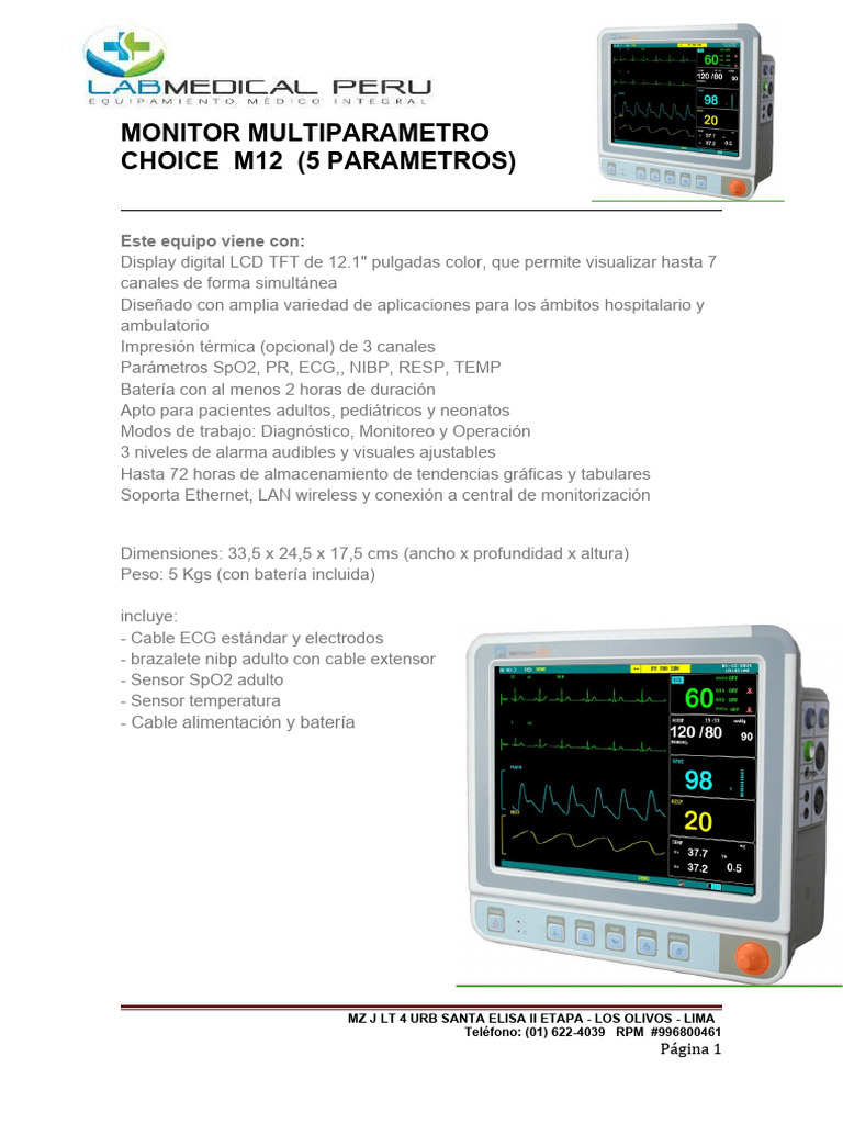 Monitor Multiparámetro M12 para Signos Vitales | PDF