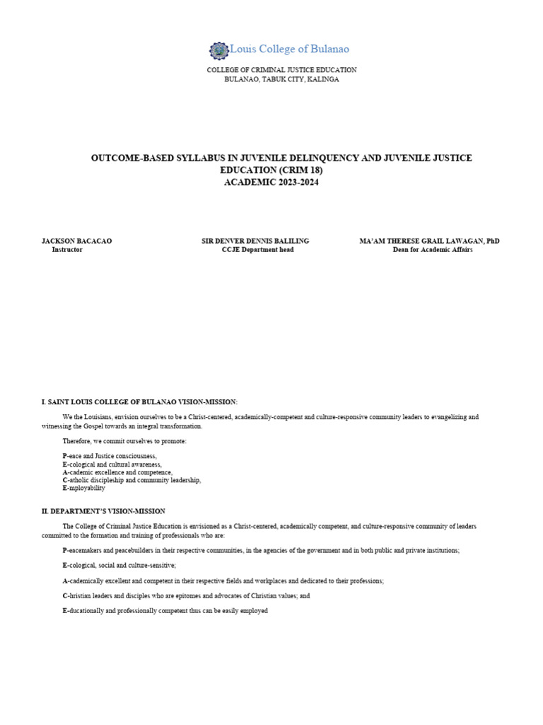 Crim 18 Syllabus 2023-2024 | PDF | Juvenile Delinquency | Crimes