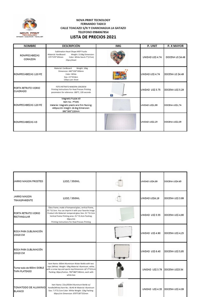 Lista de Precios Nova Print 2021 | PDF | Color | Percepción visual