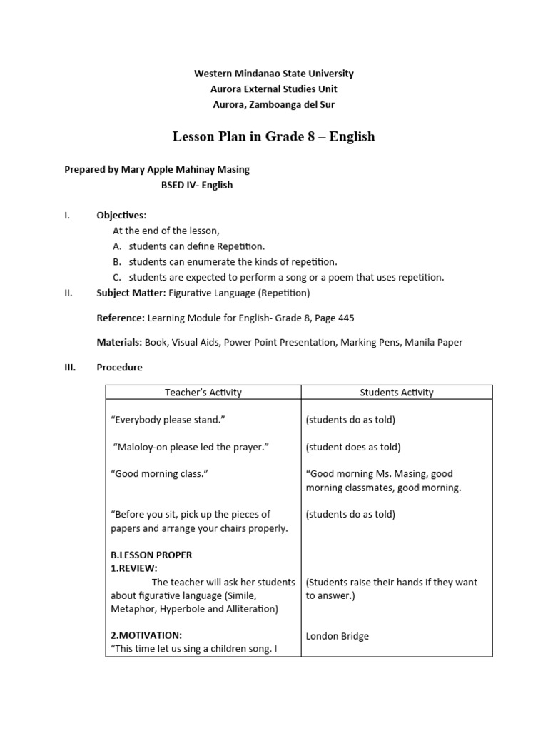 Lesson Plan in English 8 (Repetition) | PDF | Word | Human Communication