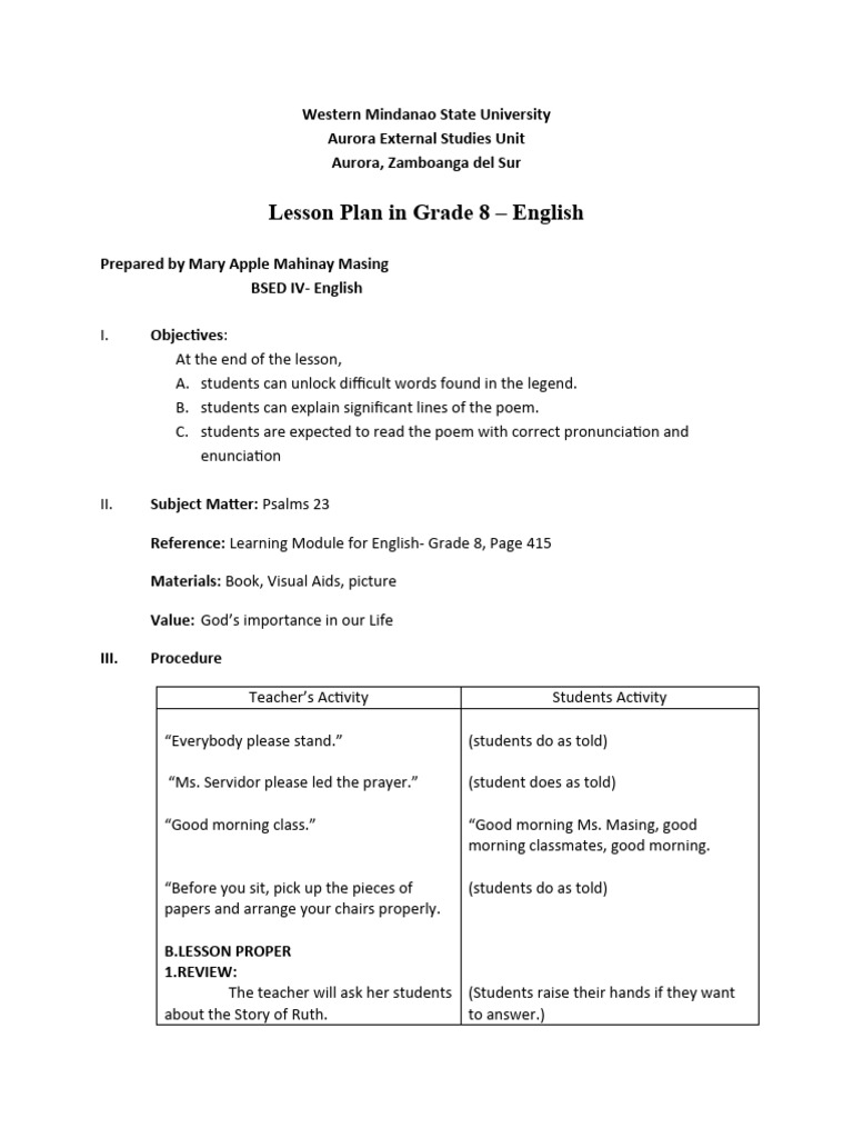 Lesson Plan in English 8 (Psalms 23) | PDF | Religious Belief And Doctrine