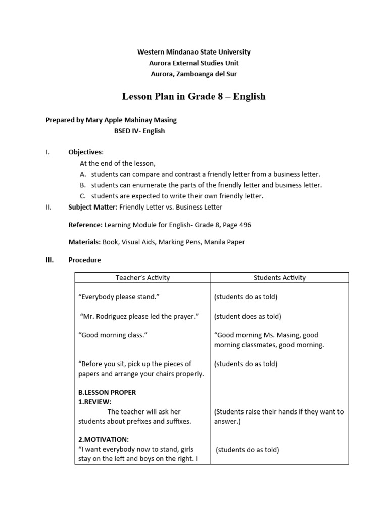 Grade 8 Friendly vs. Business Letters | PDF | Cognition | Human ...