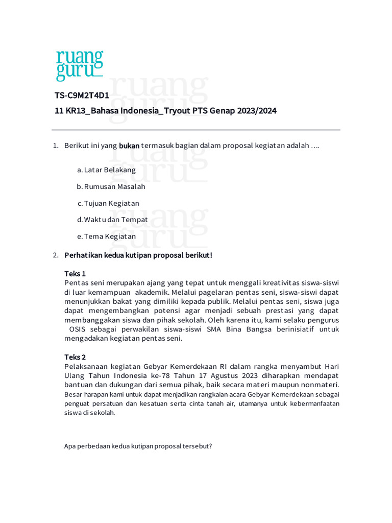 11 KR13 - Bahasa Indonesia - Tryout PTS Genap 2023 - 2024 | PDF | Seni