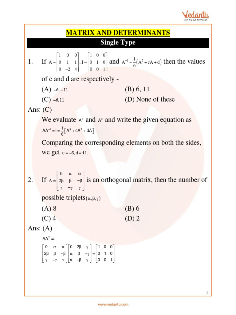 JEE Advanced Important Questions of Matrix and Determinants | PDF ...