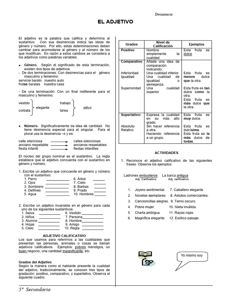 El Adjetivo 2do Secundaria | PDF | Adjetivo | Numero Gramatical