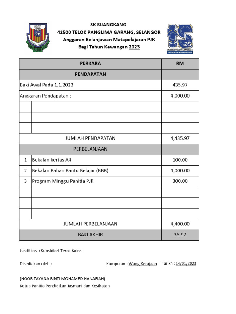 ANGGARAN DAN LAPORAN BELANJAWAN TAHUN 2023 PANITIA PJK | PDF