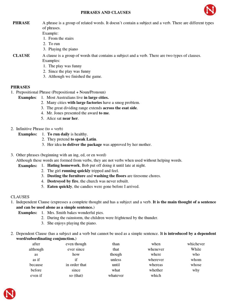 Phrases and Clauses | PDF | Clause | Verb