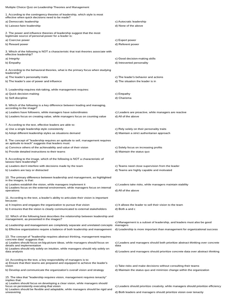 Quiz On Leadership and Planning | PDF | Leadership | Power (Social And ...