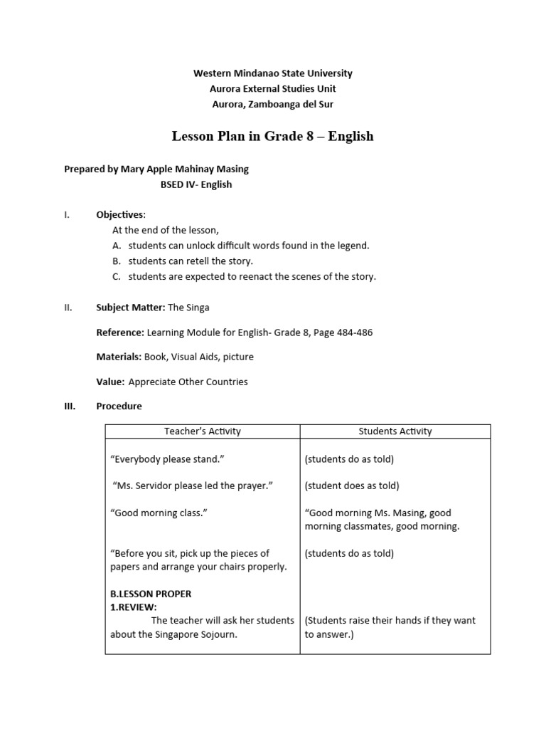 Grade 8 English Lesson Plan: The Singa | PDF | Cognition