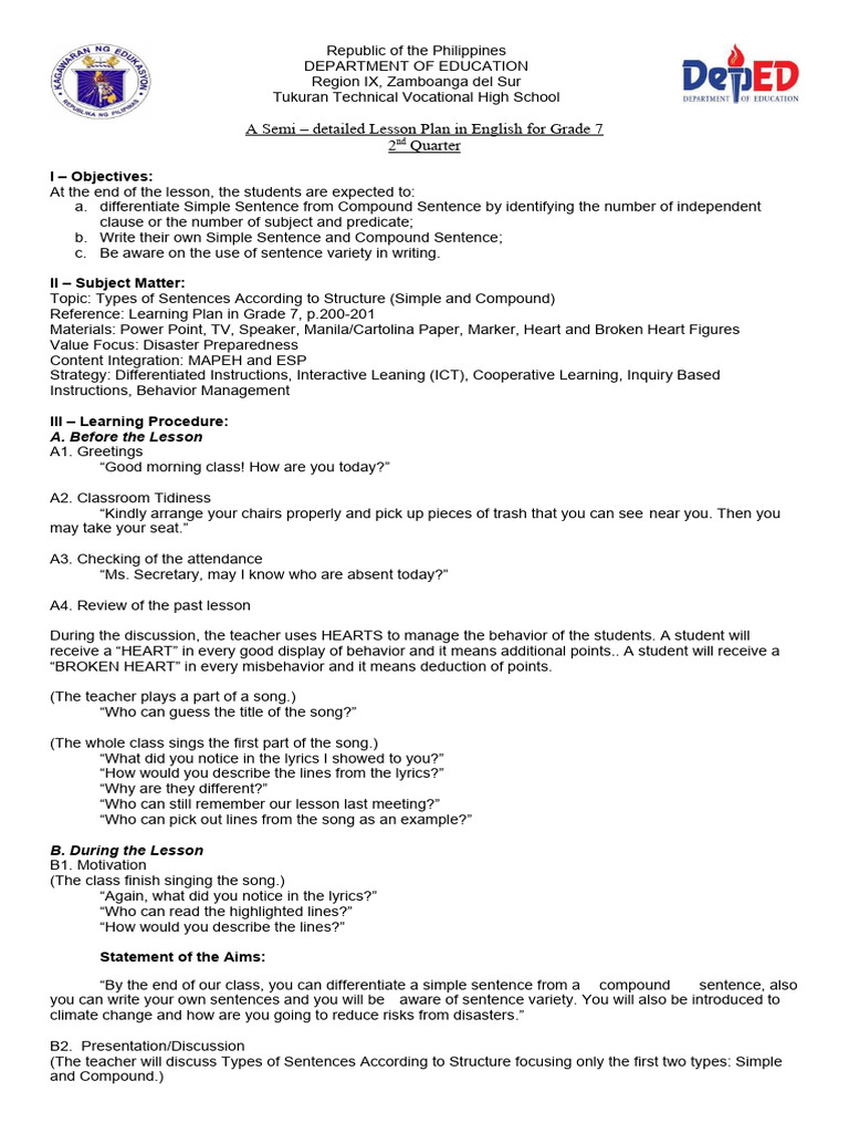 SEMI LP (Sentence Structure) G7 | PDF | Sentence (Linguistics ...