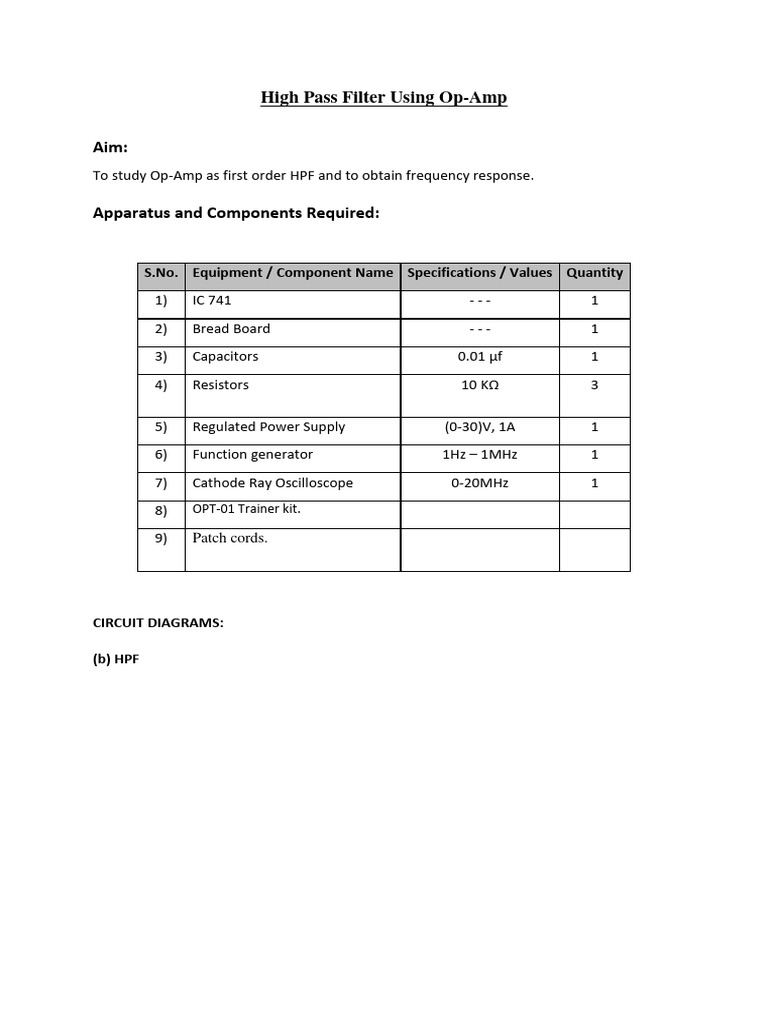 Experiment 3(HIGH PASS FILTER USING OP-AMP) | PDF