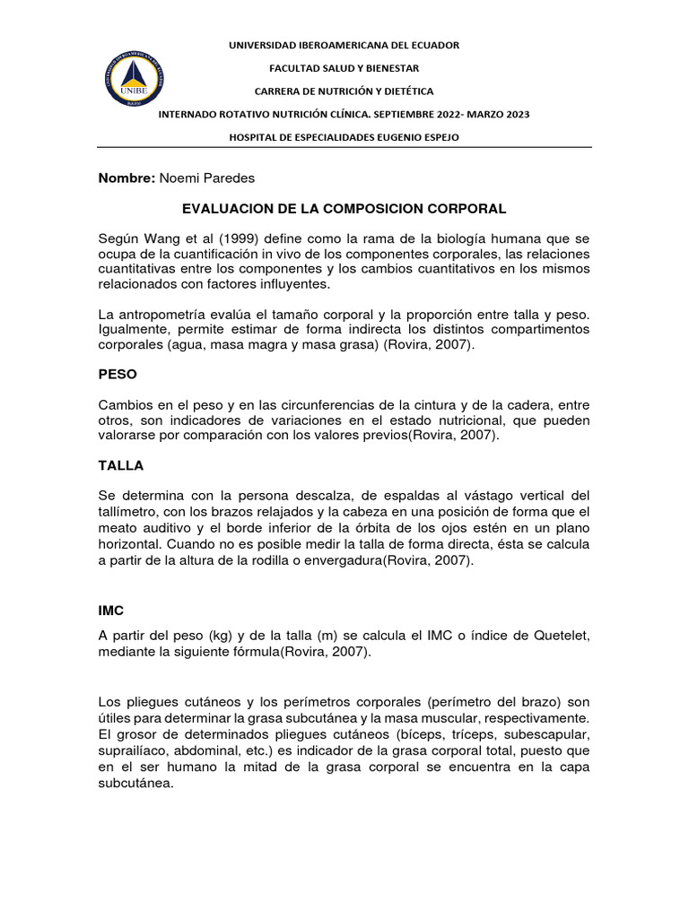 EVALUACION DE LA COMPOSICION CORPORAL | PDF | Tejido adiposo | Obesidad