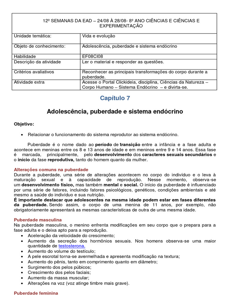 8º Ano 10 | PDF | Puberdade | Adolescência