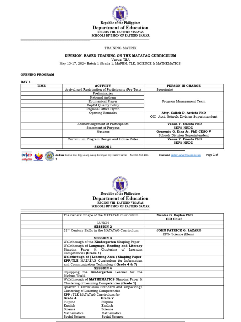 Training Matrix Matatag | PDF | Pedagogy | Teaching